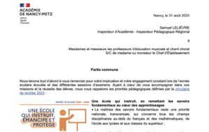 Lettre de rentrée - Education musicale et chant choral