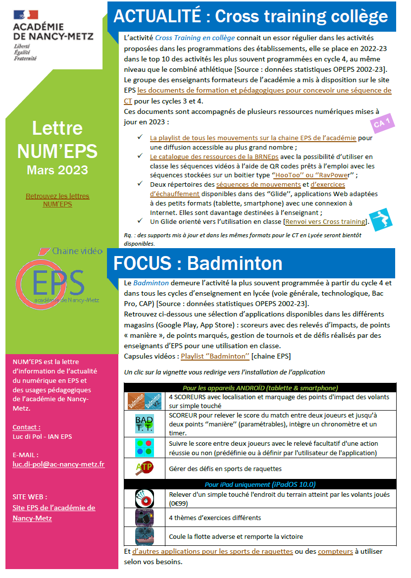Lettres NUM’EPS – Education Physique et Sportive – Nancy-Metz